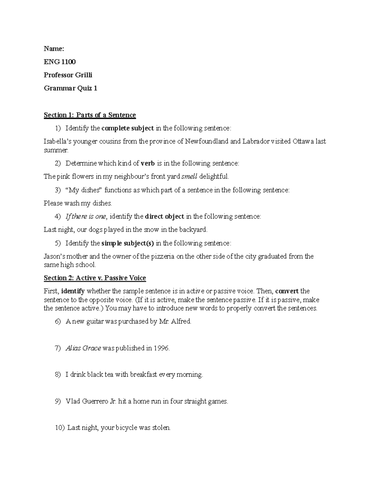ENG 1100 Grammar Quiz 1: Parts of a Sentence & Voice - Studocu