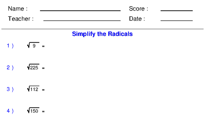 Radicals Simplification Practice - Course Code: Rad-1 - Studocu