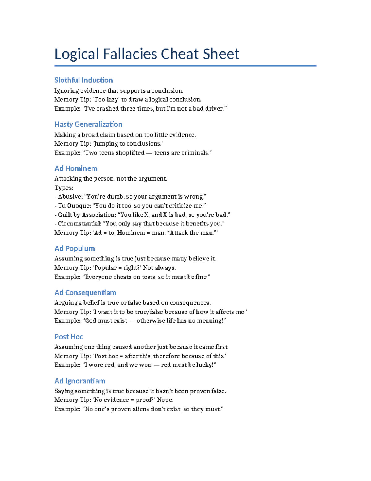 Logical Fallacies Cheat Sheet for Critical Thinking (Course Code ...