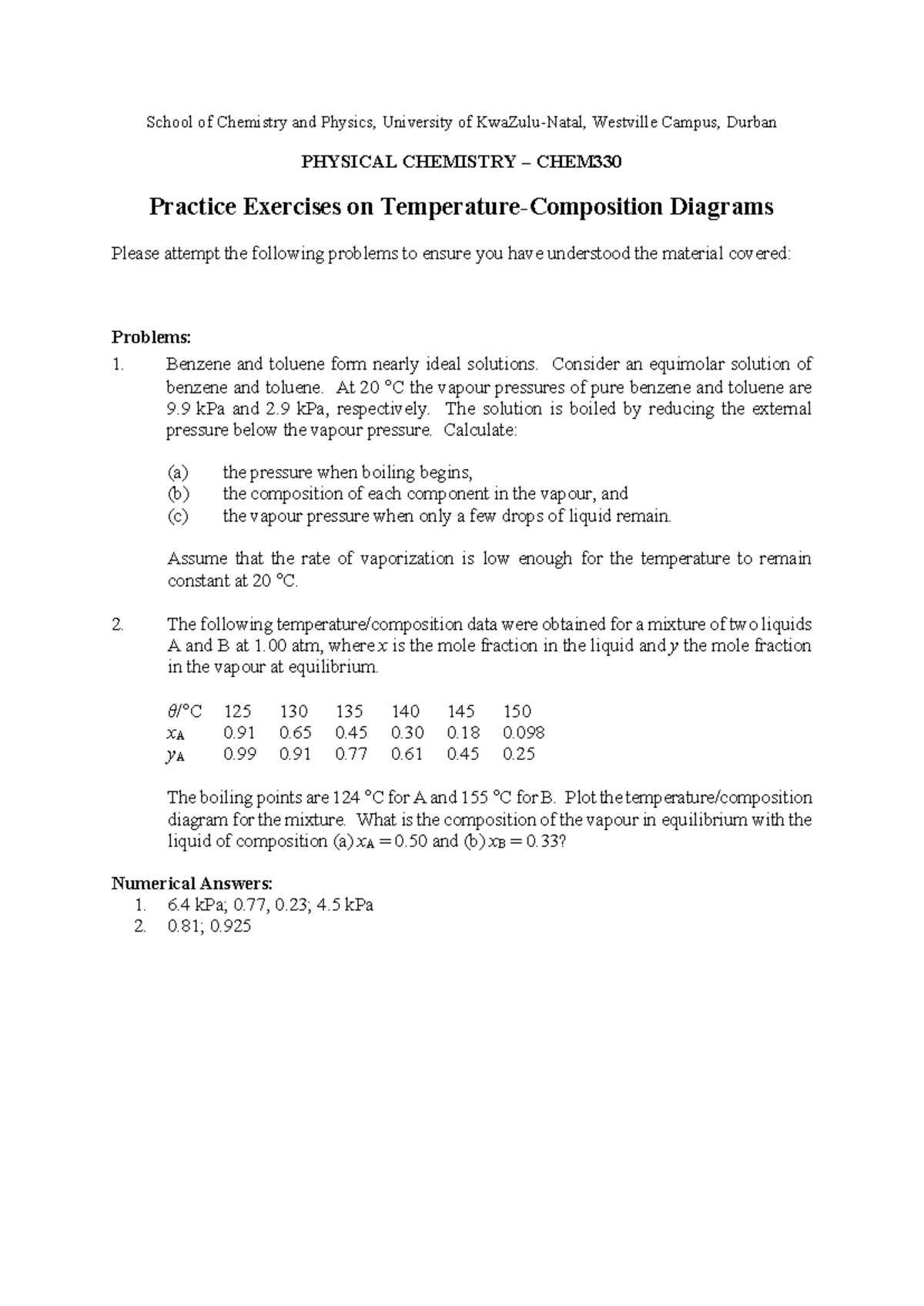 CHEM330 Physical Chemistry Tutorial 19: Practice Exercises on Diagrams ...