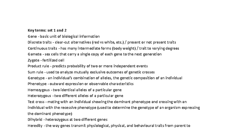 Key Terms in Genetics: Set 1 & 2 for Biology 101 Notes - Studocu