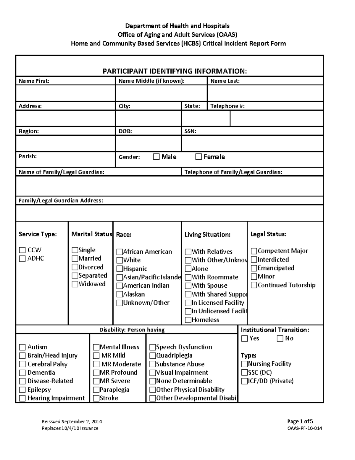 OAAS HCBS Critical Incident Report Form: Participant Info & Details ...