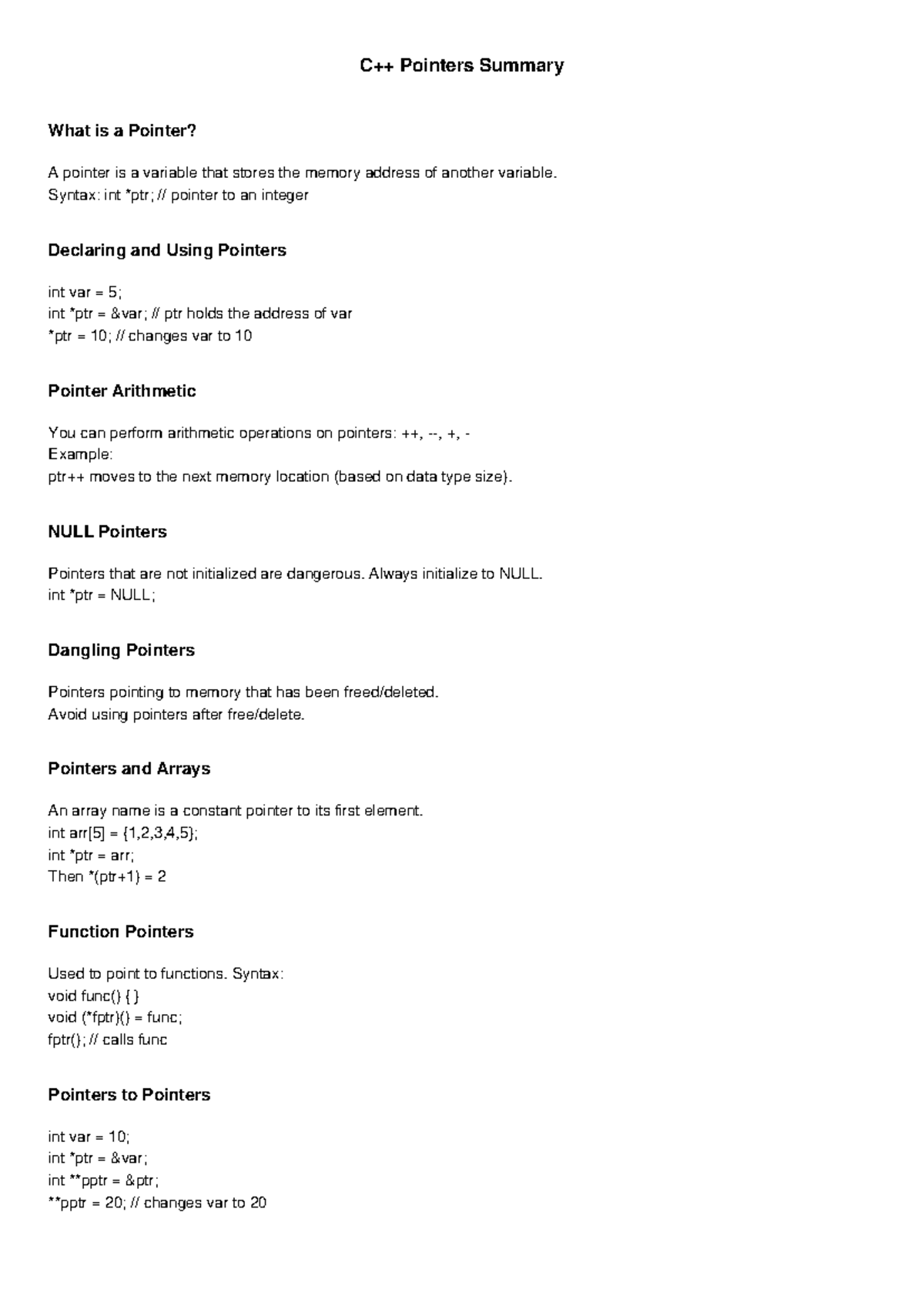 C++ Pointers Summary: Key Concepts and Usage - Studocu