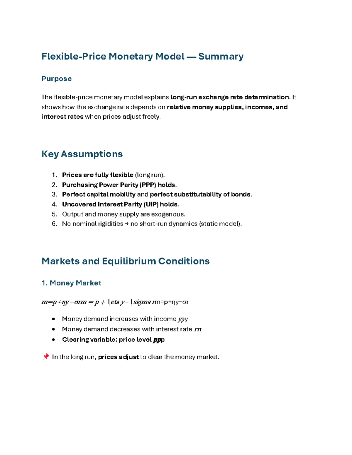 Monetary Model Summary: Exchange Rate Determination Insights - Studeersnel