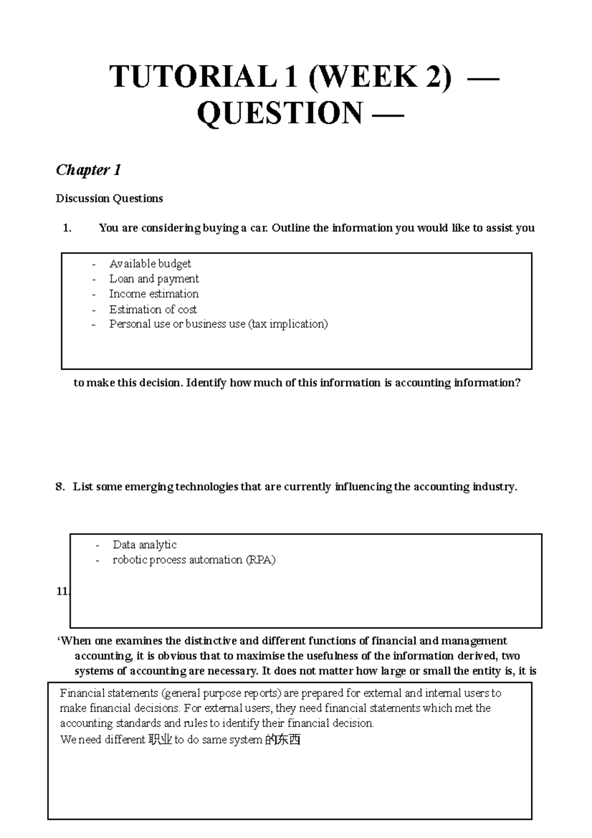 Accounting Tutorial 1 (Week 2) - Discussion Questions & Exercises - Studocu