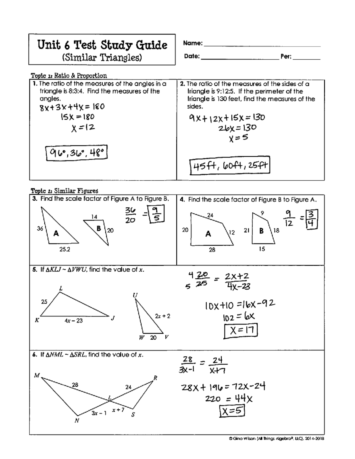 Unit 6 Test Study Guide (Similar Triangles & Proportions) - Studocu