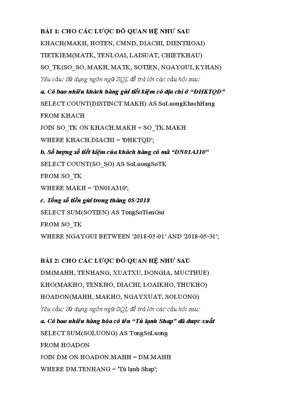CSDL Bài 3 Chương 2: SQL Cho Các Lược Đồ Quan Hệ - Studocu