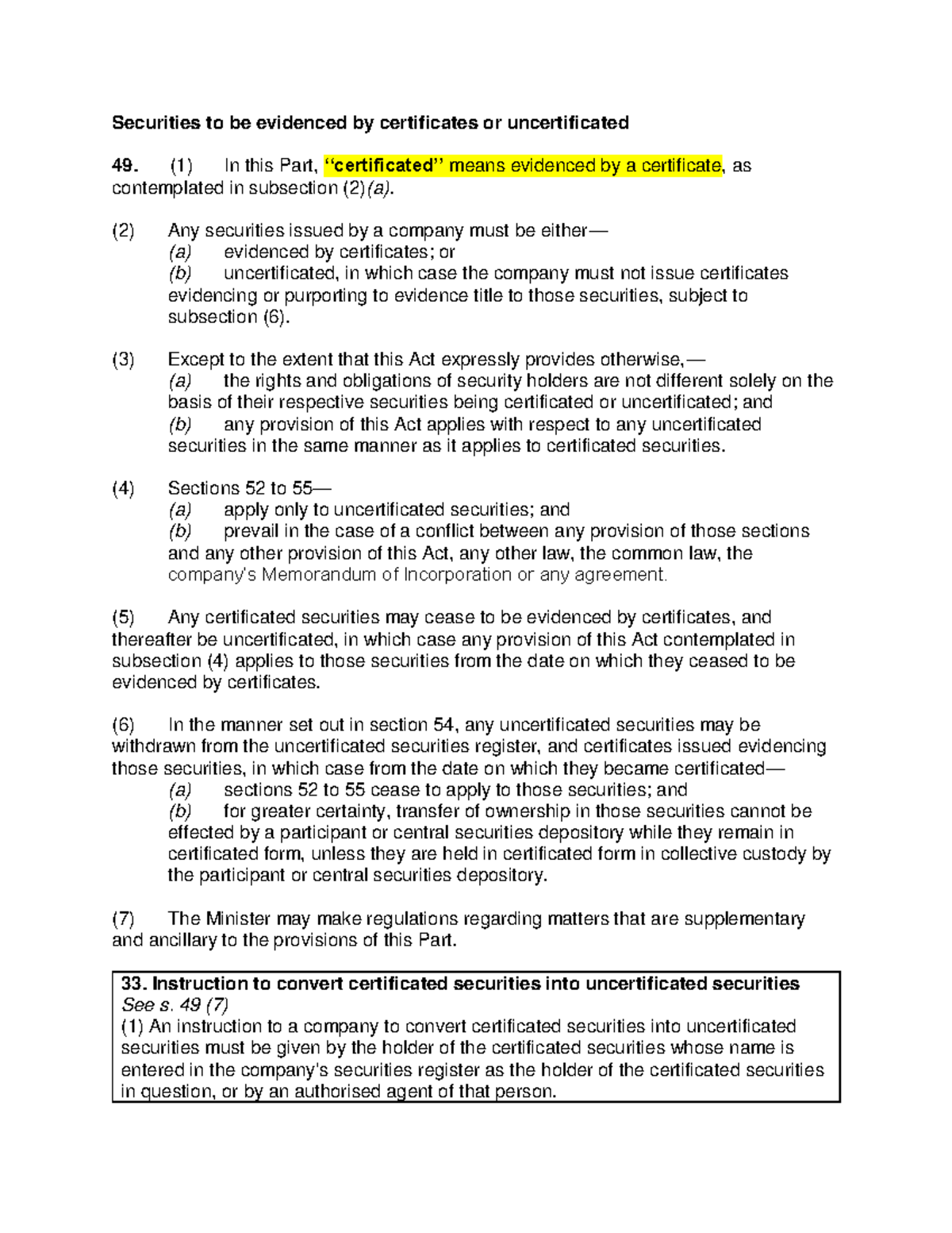 Securities Regulations and Conversion: Notes on Certificated and ...