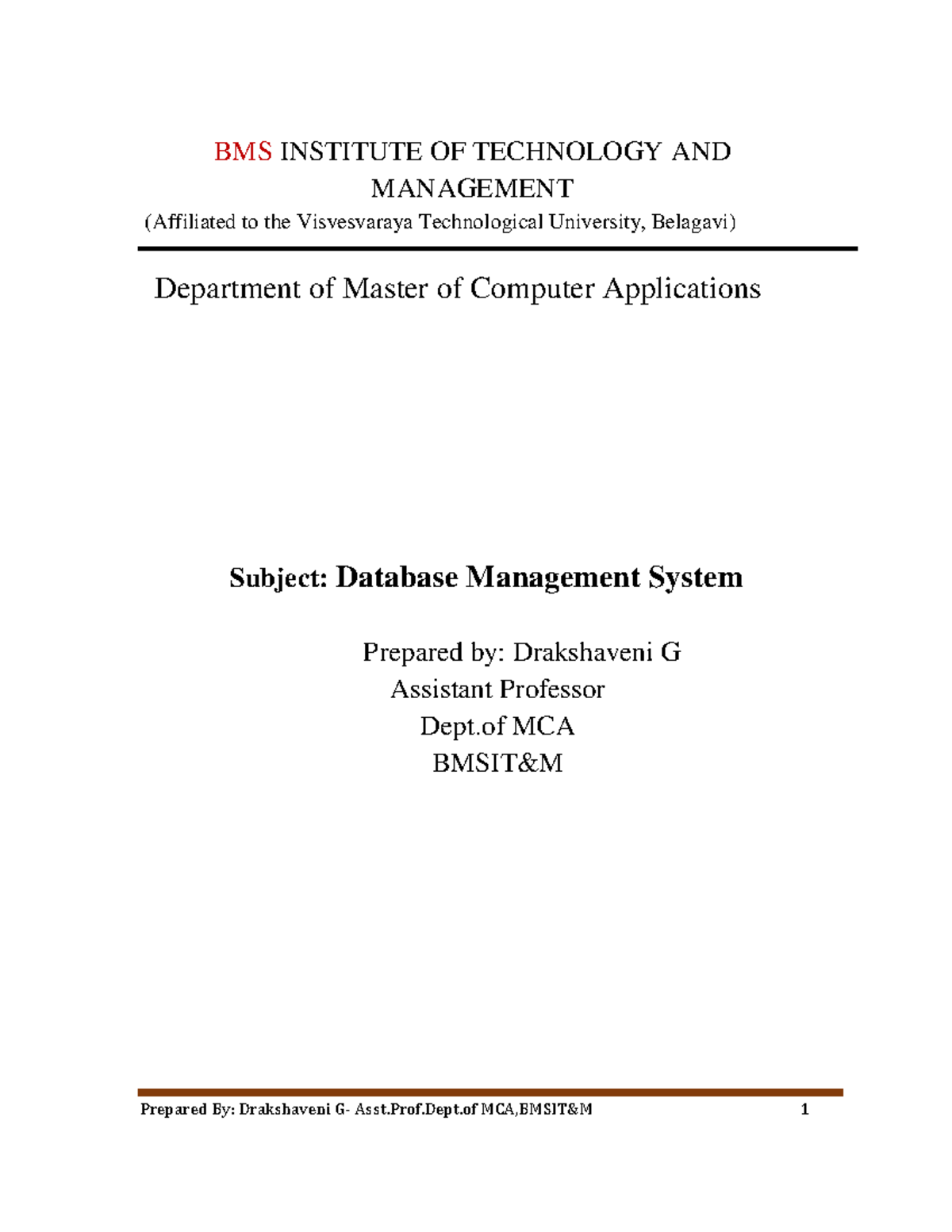 DBMS notes.docx - DBMS NOTE FOR REFERENCE - BMS INSTITUTE OF TECHNOLOGY ...