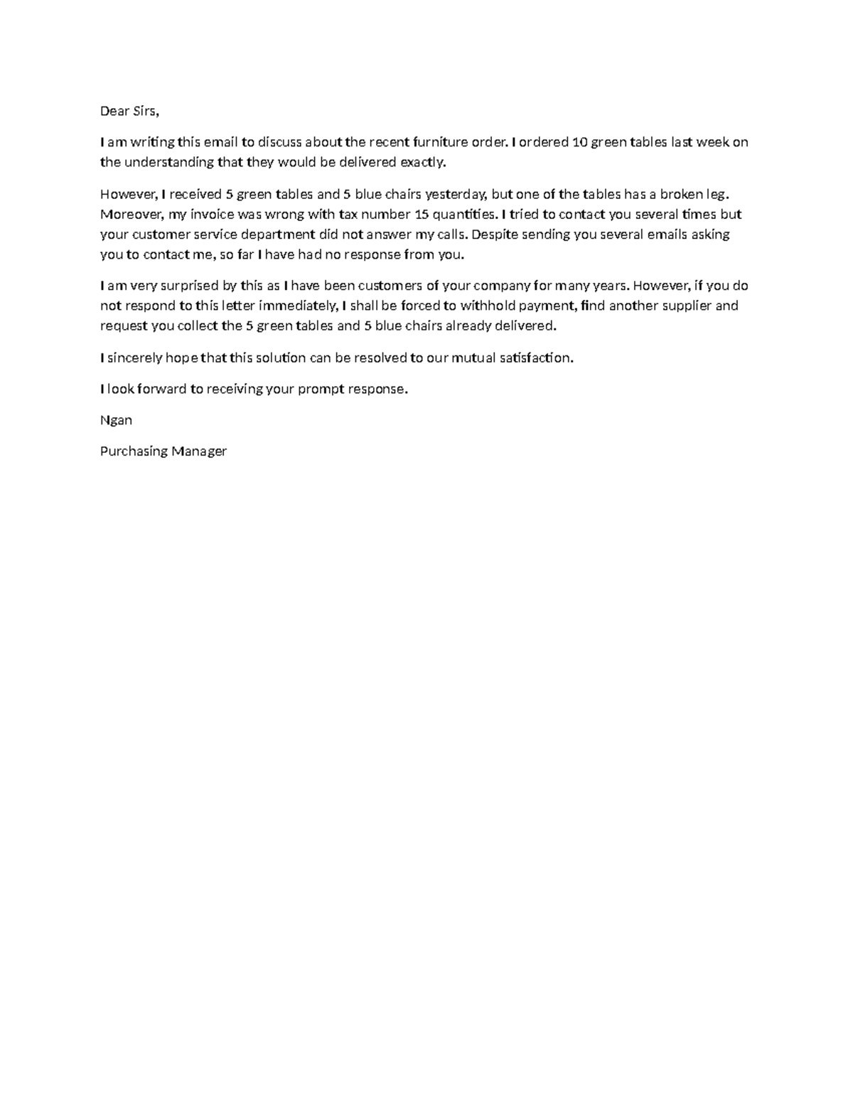 Writing 1 - no description - Dear Sirs, I am writing this email to ...