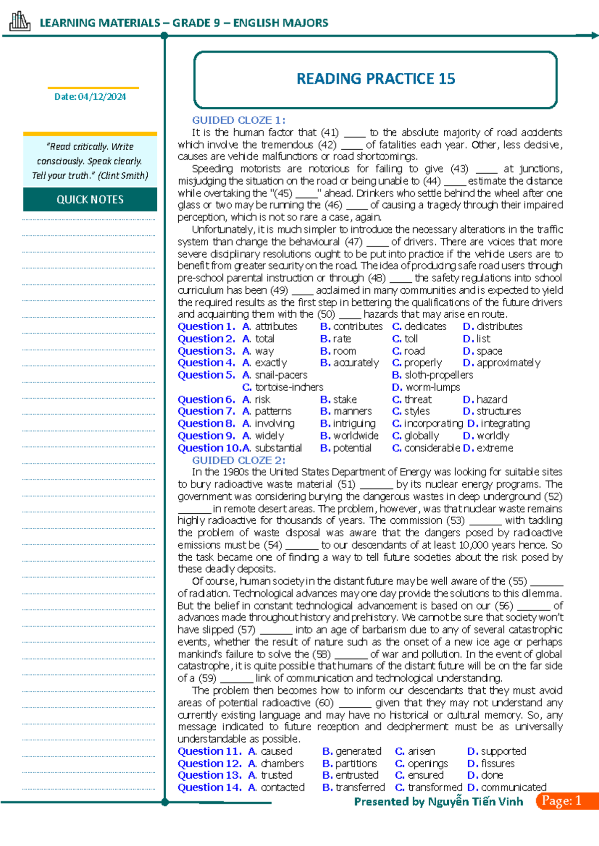 Grade 9 English Majors Reading Practice 15: Quick Notes & Guided Cloze ...