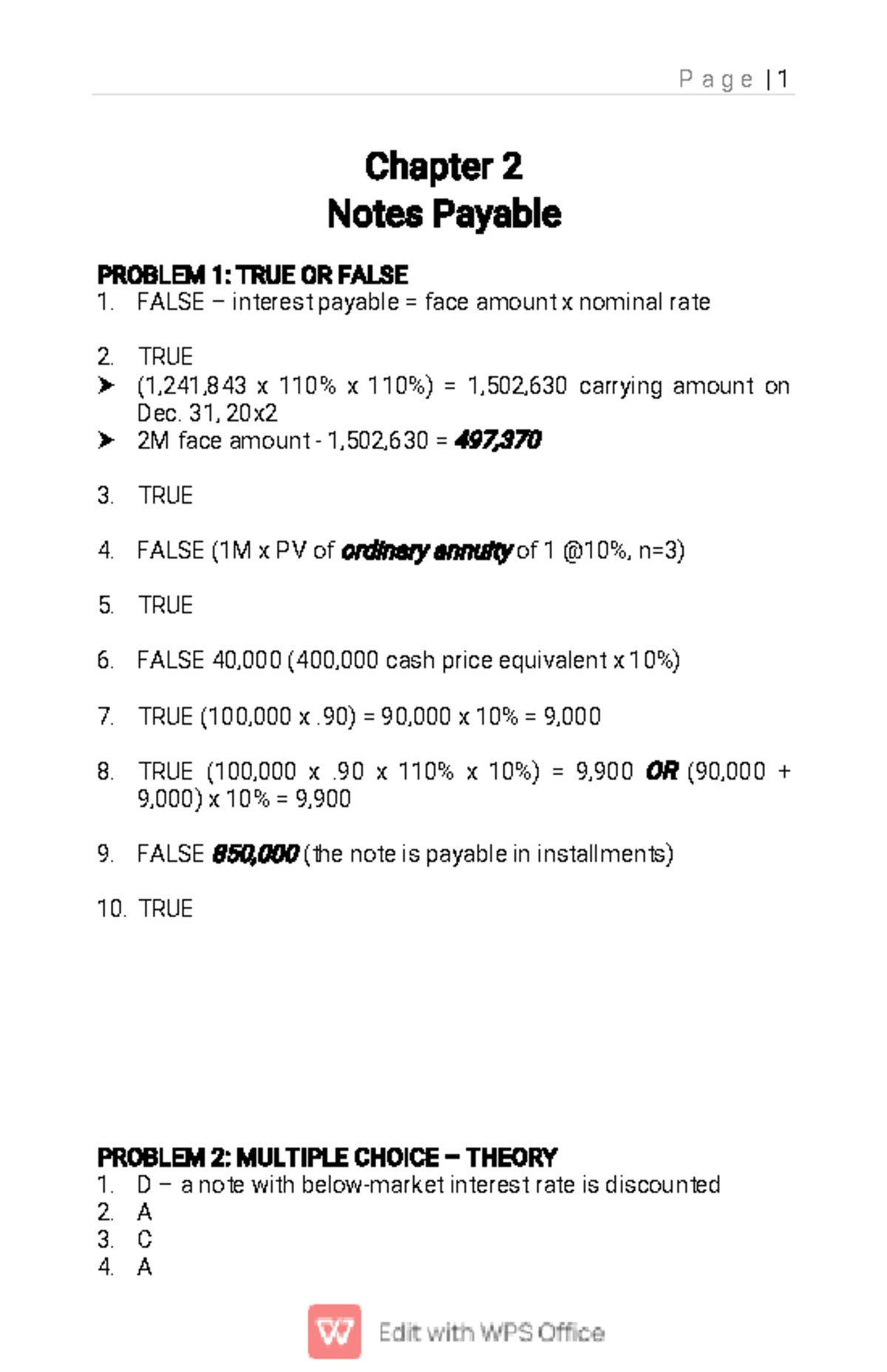 ACCT 101: Notes Payable Practice Problems and Solutions - Studocu