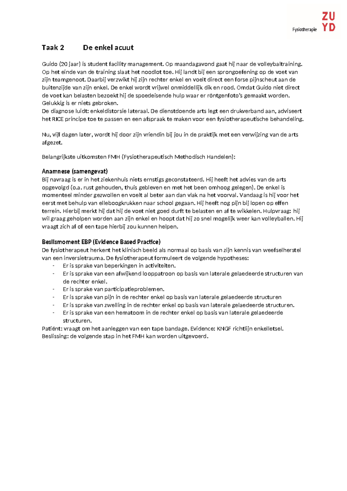 Enkeldistorsie en Fysiotherapie Behandeling (Taak 2) - Studeersnel