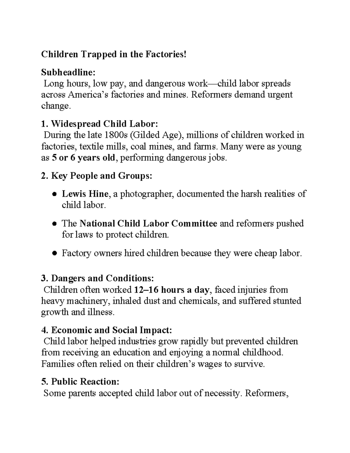 Child Labor in the Gilded Age: Reform and Impact Analysis - Studocu