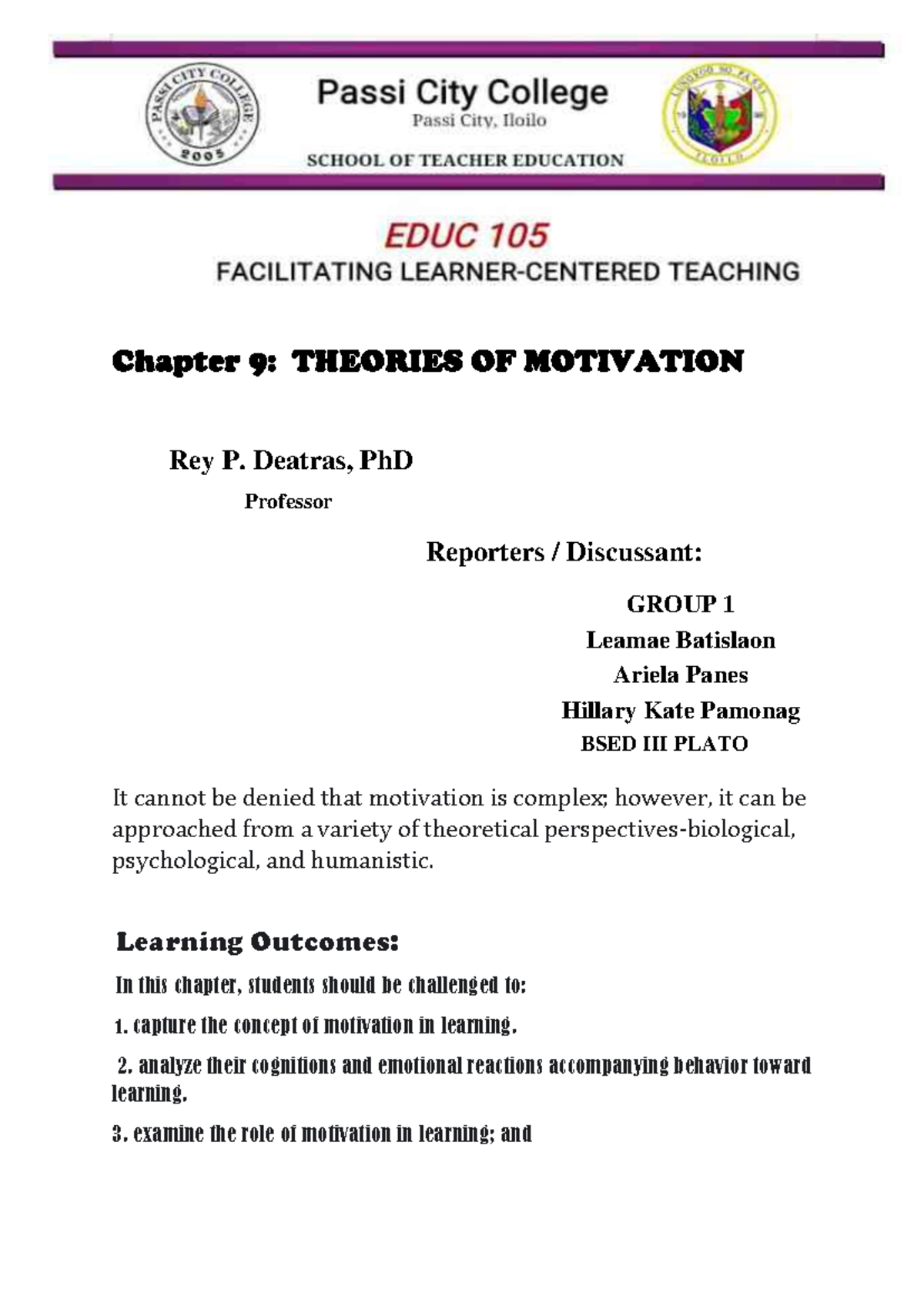 Chapter 9 - Educ 105 - Theories of Motivation Lesson Guide - Studocu