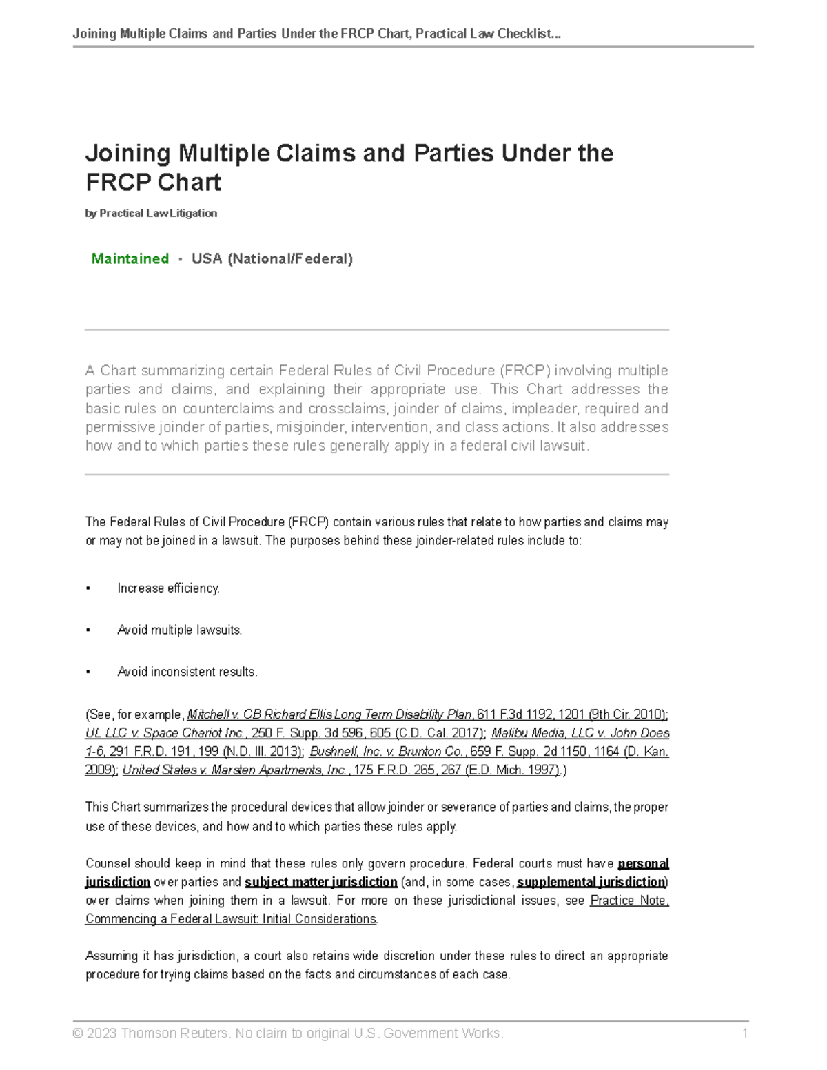 FRCP Chart: Joinder of Claims and Parties Overview for Litigators - Studocu