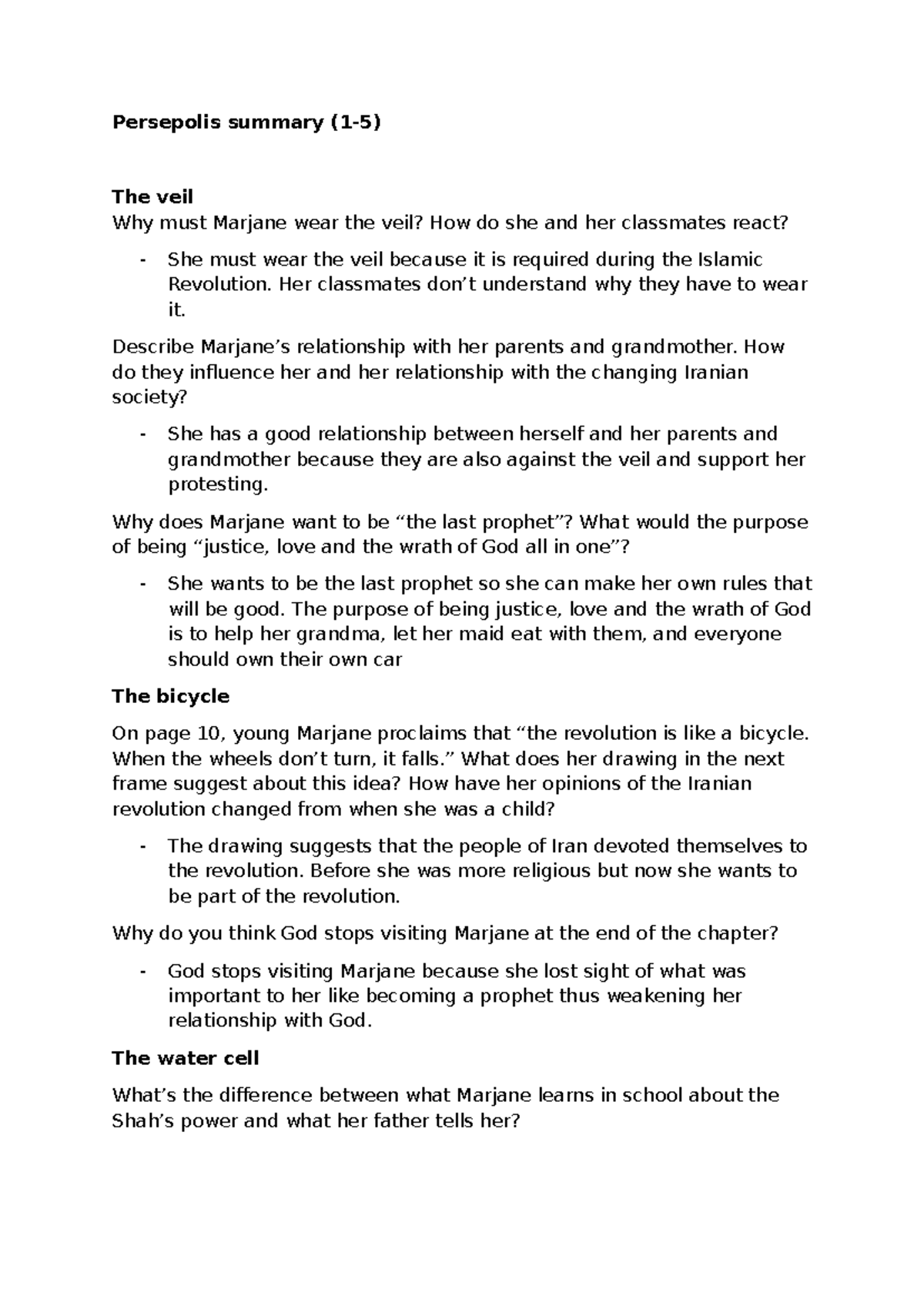 Persepolis Summary: Insights from Chapters 1-5 Analysis - Studocu