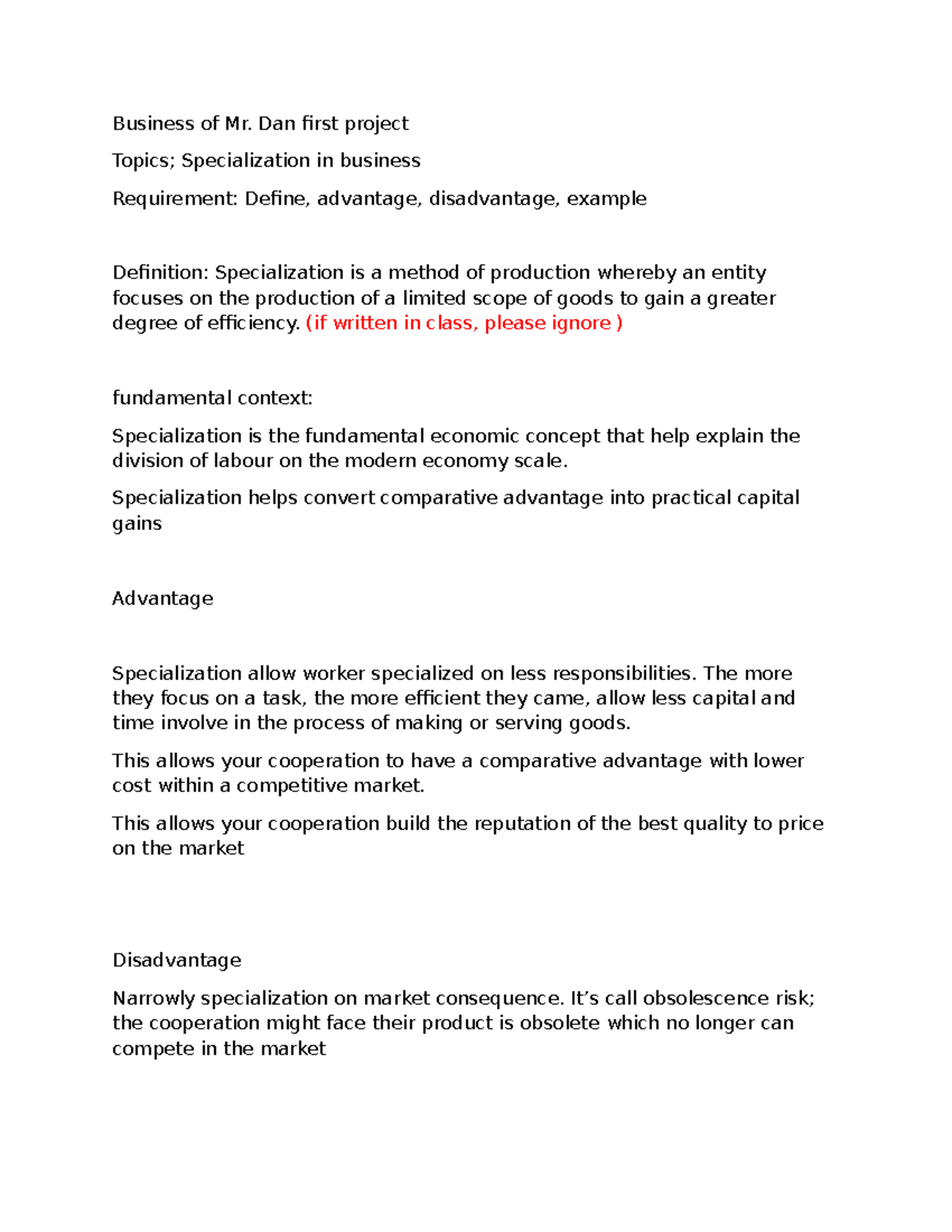 BUS 101: Specialization in Business - Advantages & Disadvantages - Studocu