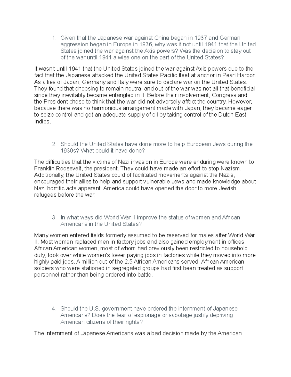 Week #8 Class Activity WWII Reading Questions - Given that the Japanese ...