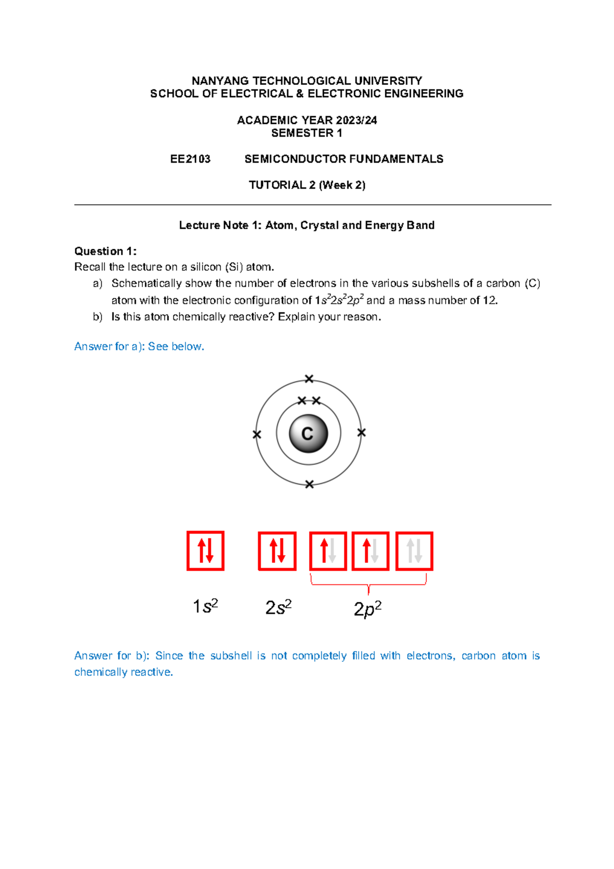 EE2103 - Semiconductor Fundamentals Tutorial Solutions (Weeks 2-7) - Studocu