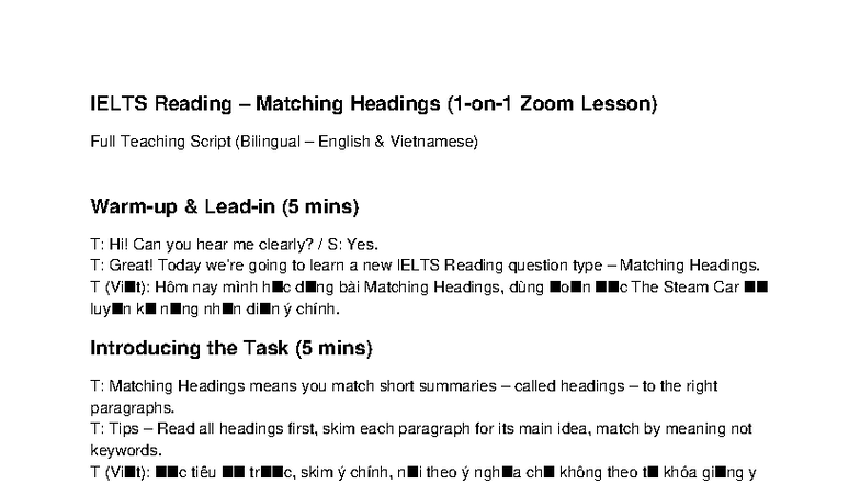 IELTS Reading Matching Headings Lesson Script (Bilingual EN-VN) - Studocu