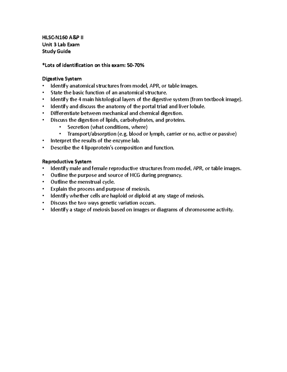 Unit 3 Lab Exam Study Guide - HLSC-N160 A&P II Unit 3 Lab Exam Study ...