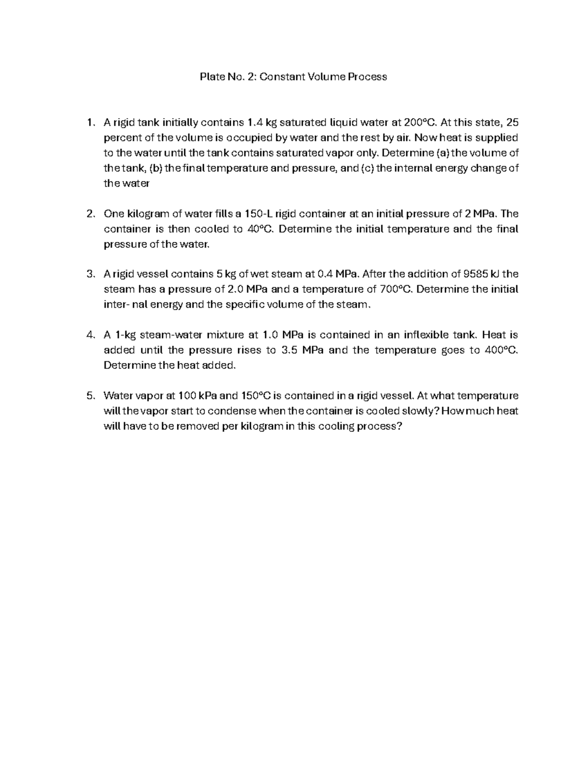 Plate No. 2: Analysis of Constant Volume Process in Rigid Tanks - Studocu