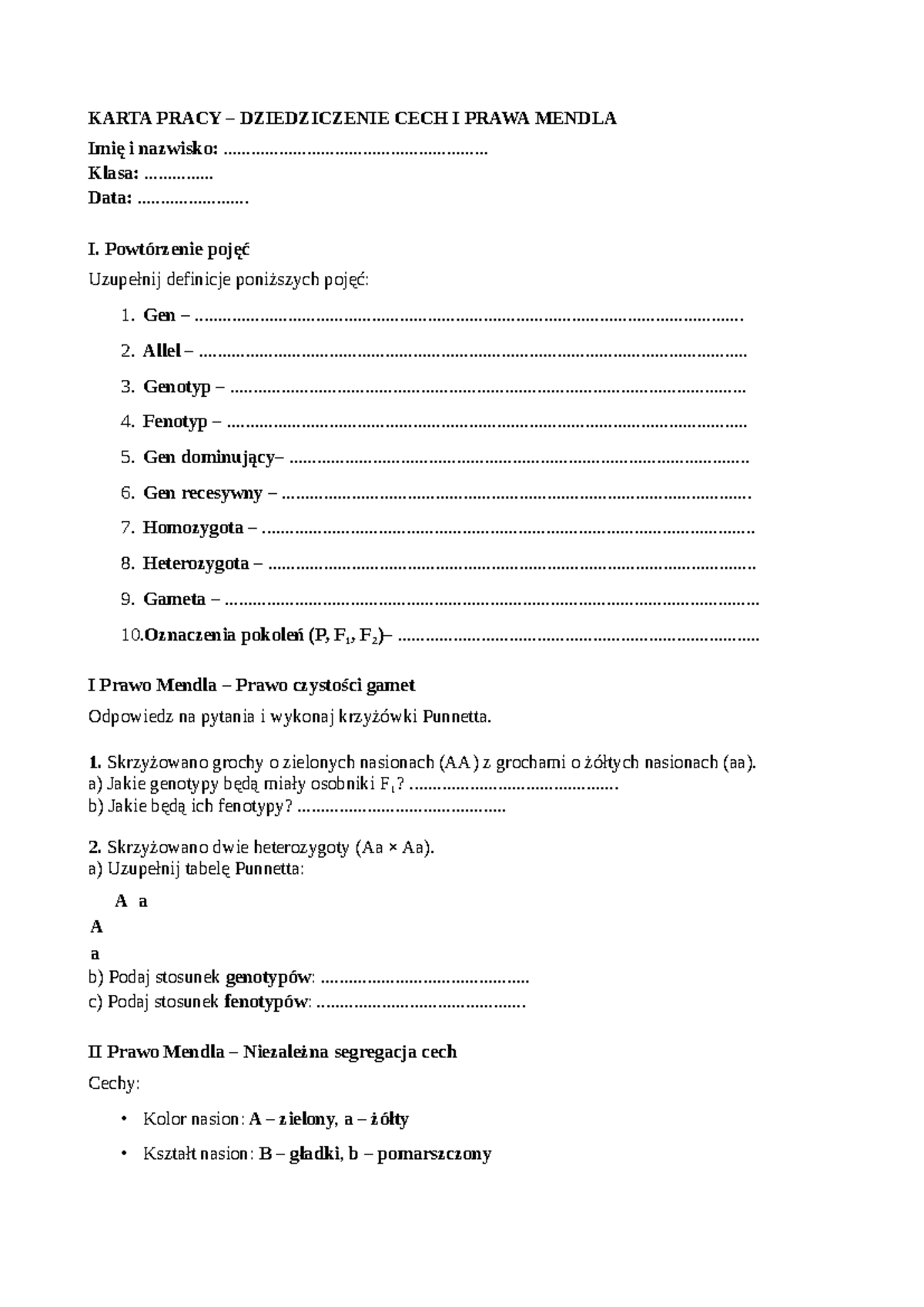 KARTA PRACY: DZIEDZICZENIE CECH I PRAWA MENDLA - Genetyka - Studocu