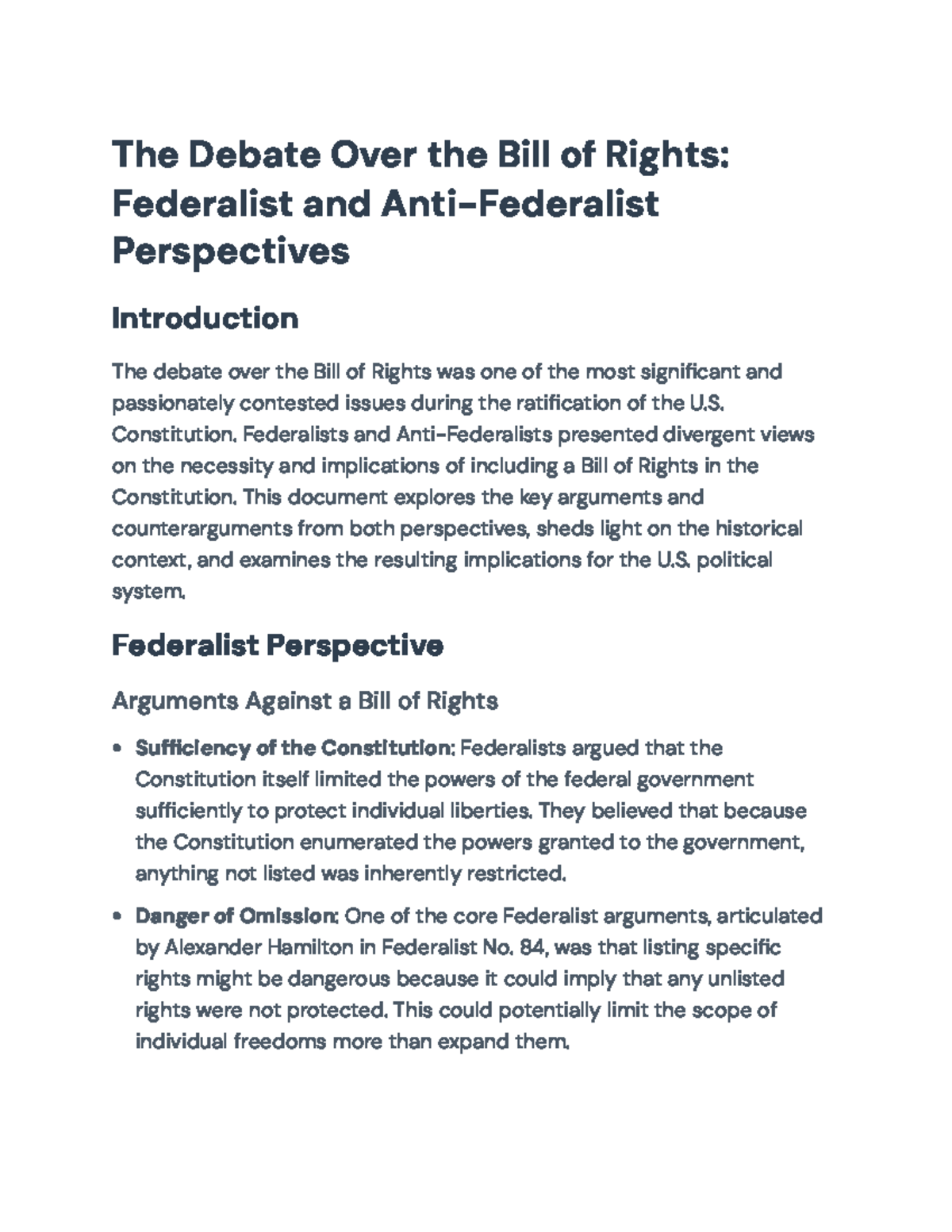 The Debate Over the Bill of Rights: Federalist vs. Anti-Federalist ...