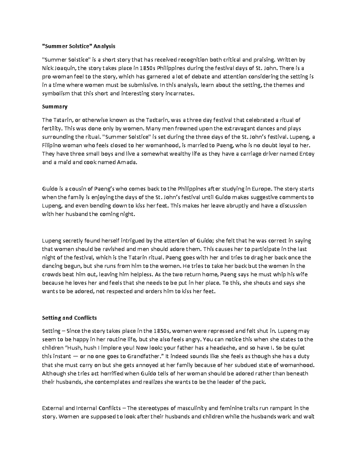 Analysis of "Summer Solstice" by Nick Joaquin: Themes & Conflicts - Studocu