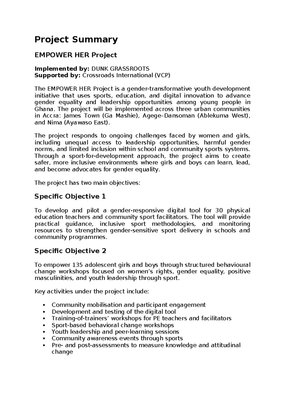 Project Summary: EMPOWER HER Initiative for Youth Development - Studocu