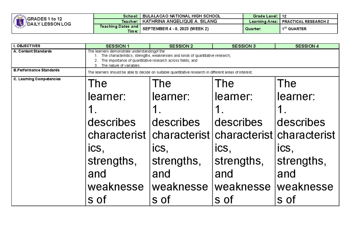 DLL PR2 Q1 W1 - Realistic Daily Lesson Log in Practical Research 2 Week 1 - GRADES 1 to 12 DAILY ...