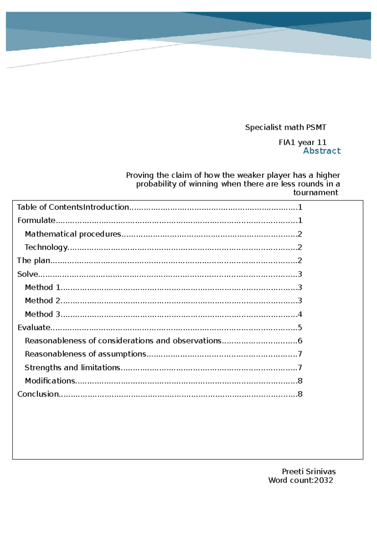 Specialist Math PSMT FIA1 Year 11: Probability of Weaker Player Winning ...