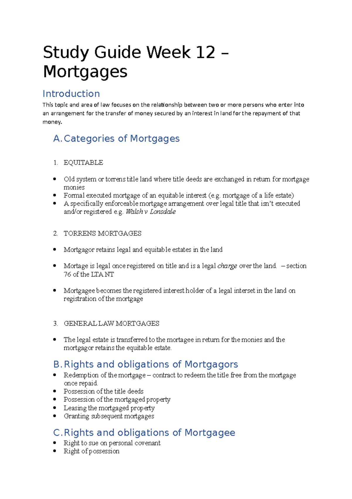 Week 12 Study Guide: Key Concepts of Mortgages and Their Applications ...