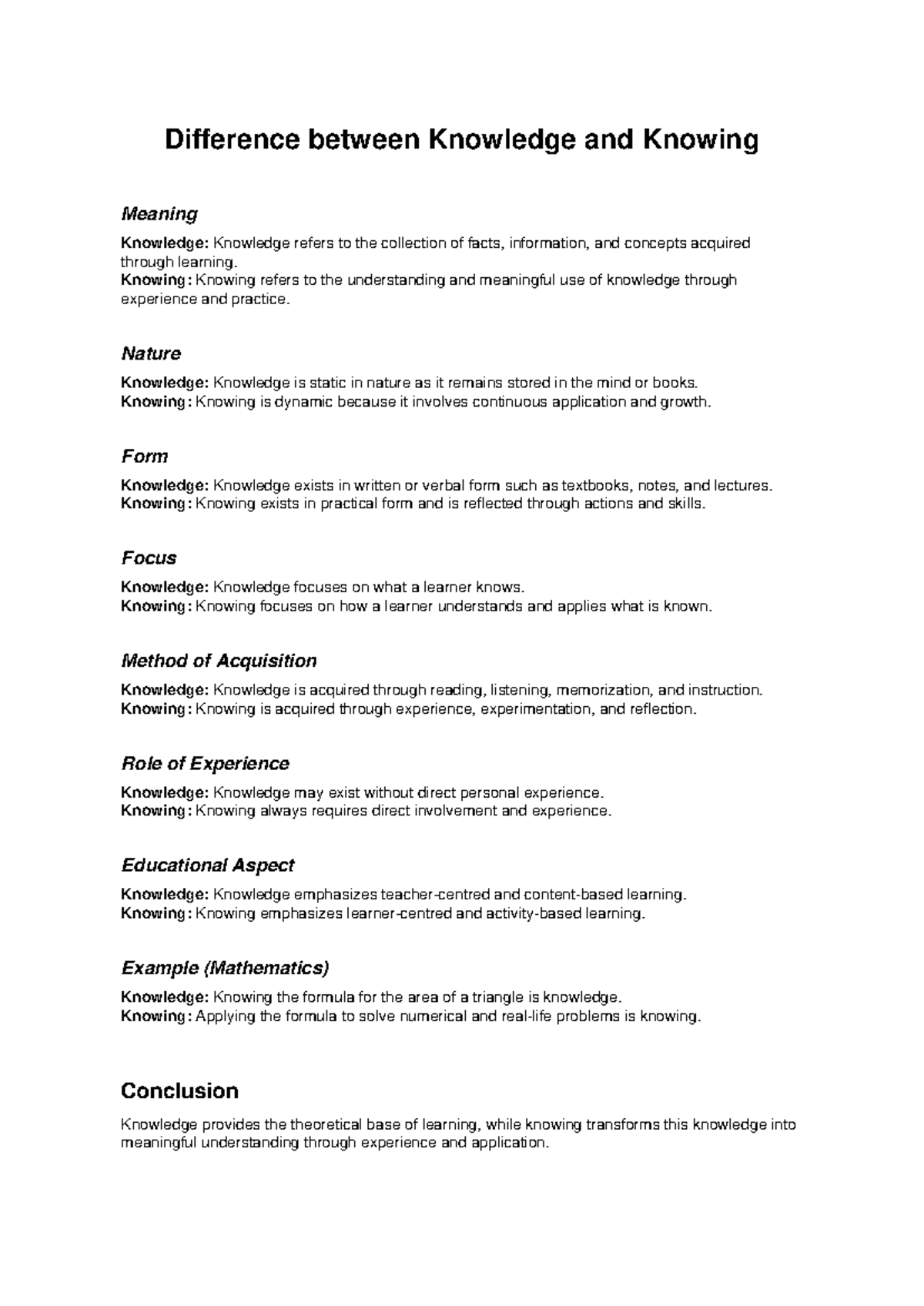 Knowledge vs Knowing: Pointwise BEd Notes on Concepts - Studocu