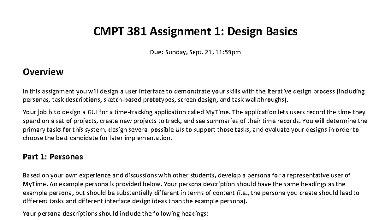 CMPT 381 Assignment 1: User Interface Design for MyTime - Studocu