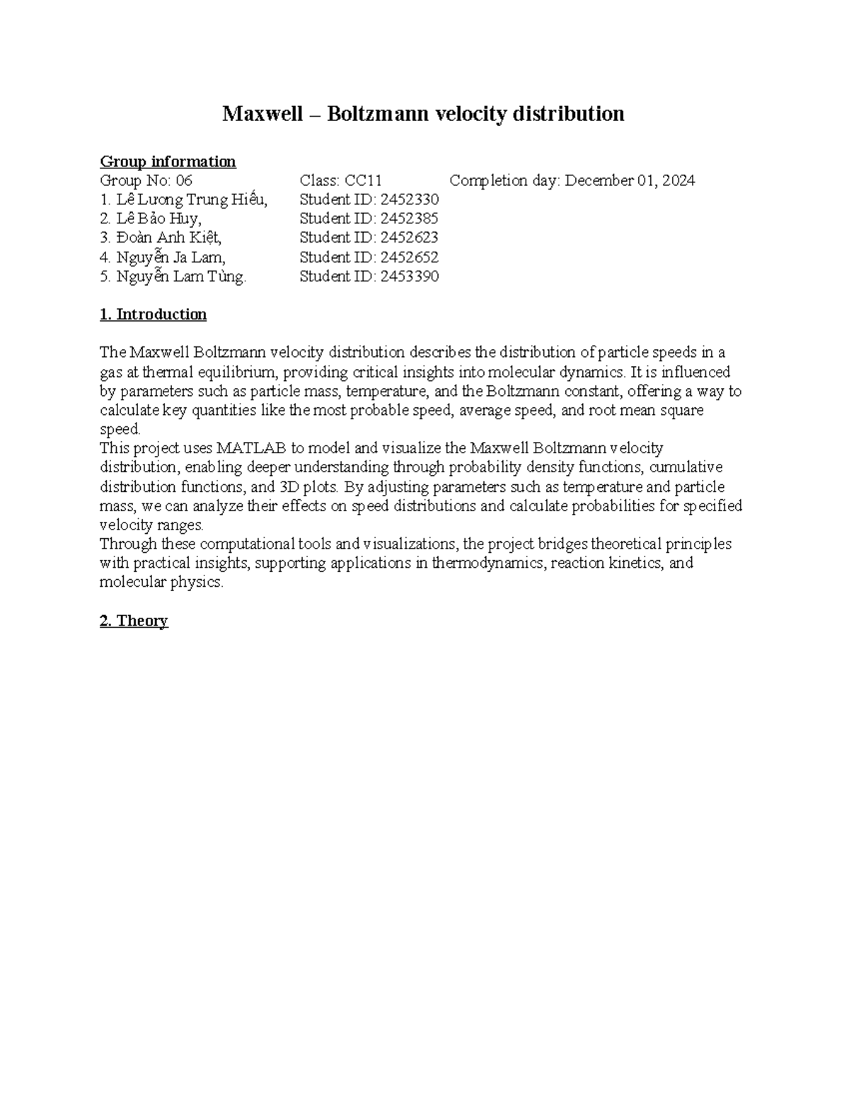 Theorymaxwell - exam - Maxwell – Boltzmann velocity distribution Group ...