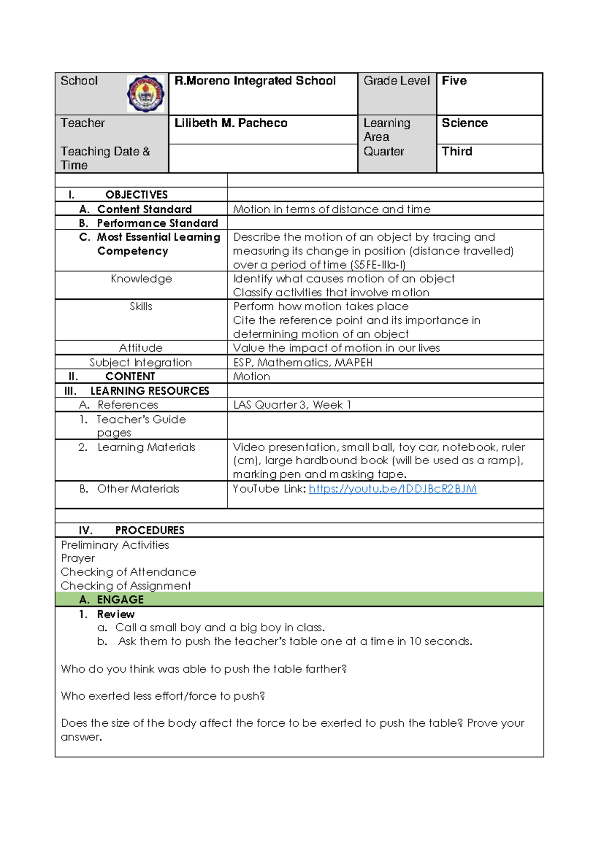 DLP in Science 5Es - Lesson Plan - I. OBJECTIVES A. Content Standard ...