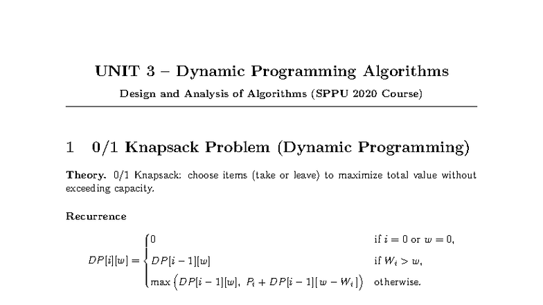 DAA UNIT 3 Dynamic Programming Algorithms Overview (SPPU 2020) - Studocu