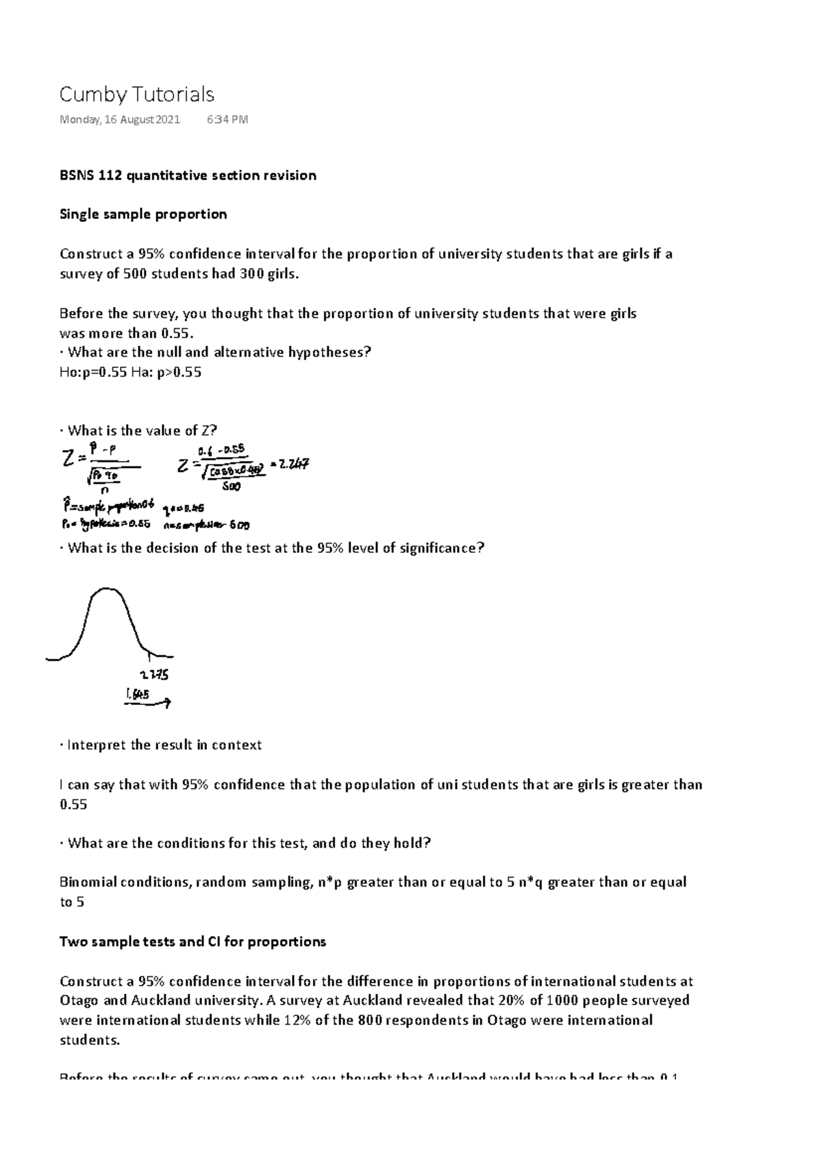 BSNS 112 Quantitative Revision: Confidence Intervals & Hypothesis ...