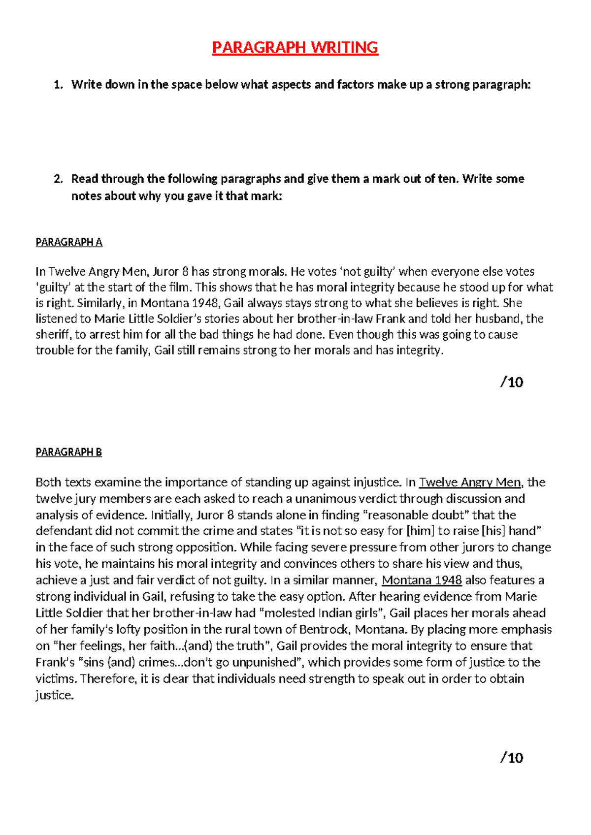 Montana 12 Angry MEN: Comparative Paragraph Writing Guide - Studocu