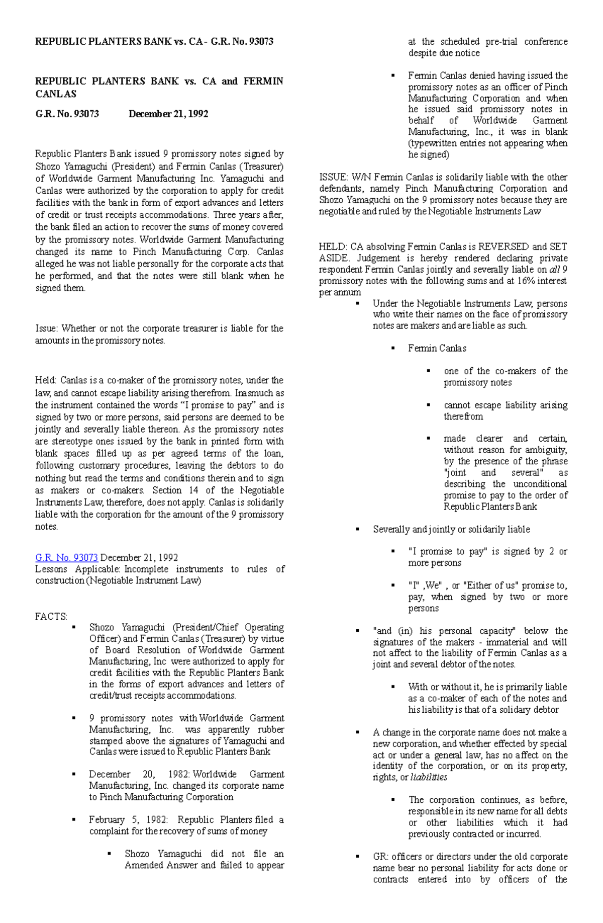 Case digest nego my case - REPUBLIC PLANTERS BANK vs. CA - G. No. 93073 ...