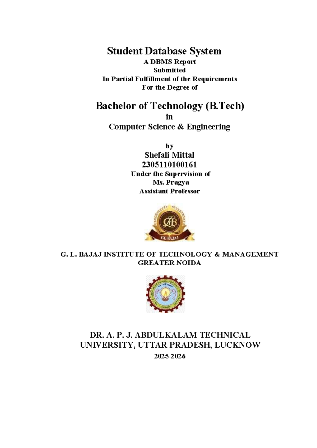 Student Database Management System Report (B.Tech CSE) - Studocu