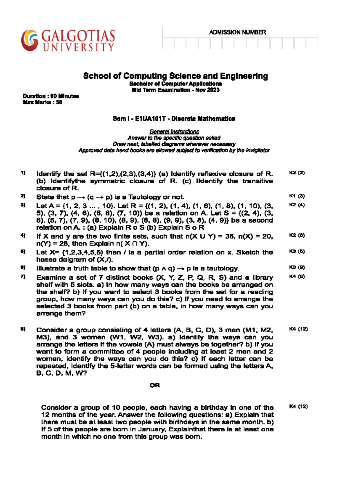 BCA E1UA101T Discrete Mathematics Mid Term Exam Nov 2023 Passpaper ...