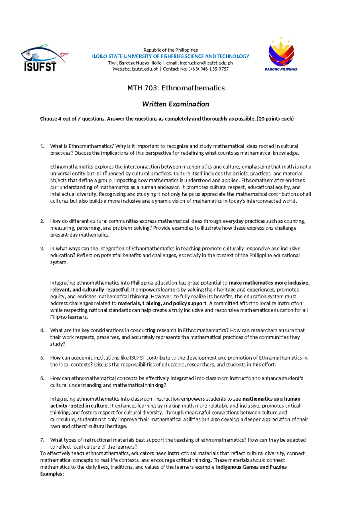 MTH 703: Ethnomathematics Take-Home Exam Questions and Insights - Studocu
