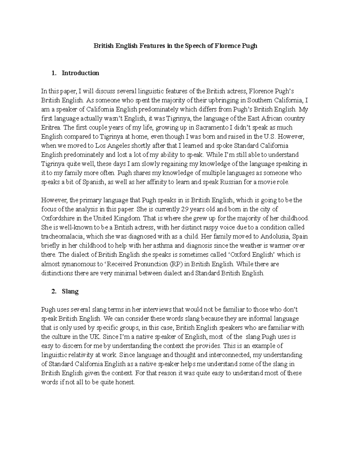 Analysis Paper 1: Linguistic Features of Florence Pugh's British ...