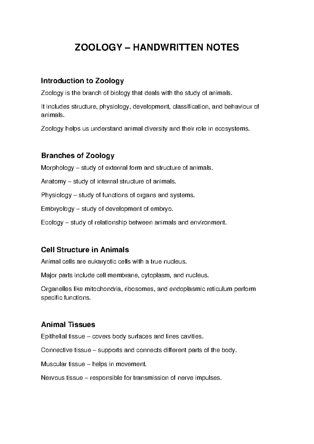ZOO 101: Handwritten Notes on Introduction to Zoology - Studocu
