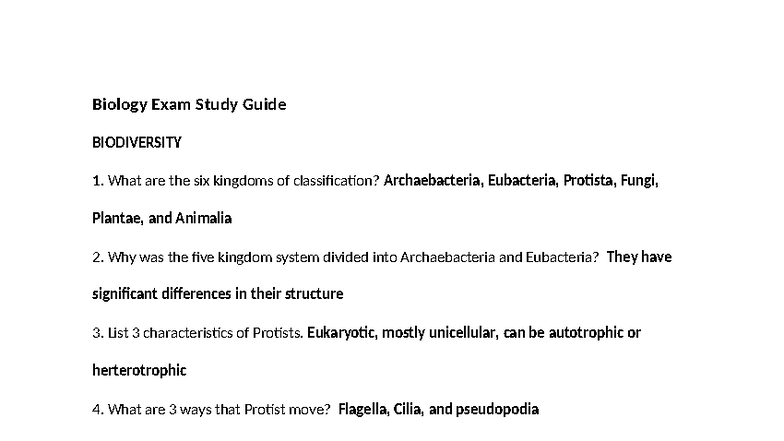Biology Exam Study Guide: Key Concepts in Biodiversity and Ecology ...