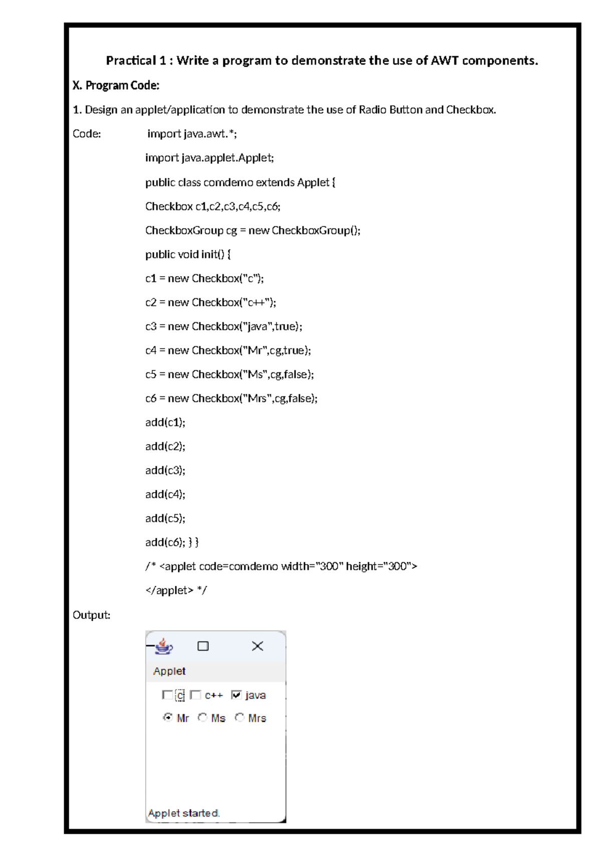 00 - hjvjhv - Practical 1 : Write a program to demonstrate the use of AWT components. X. Program ...