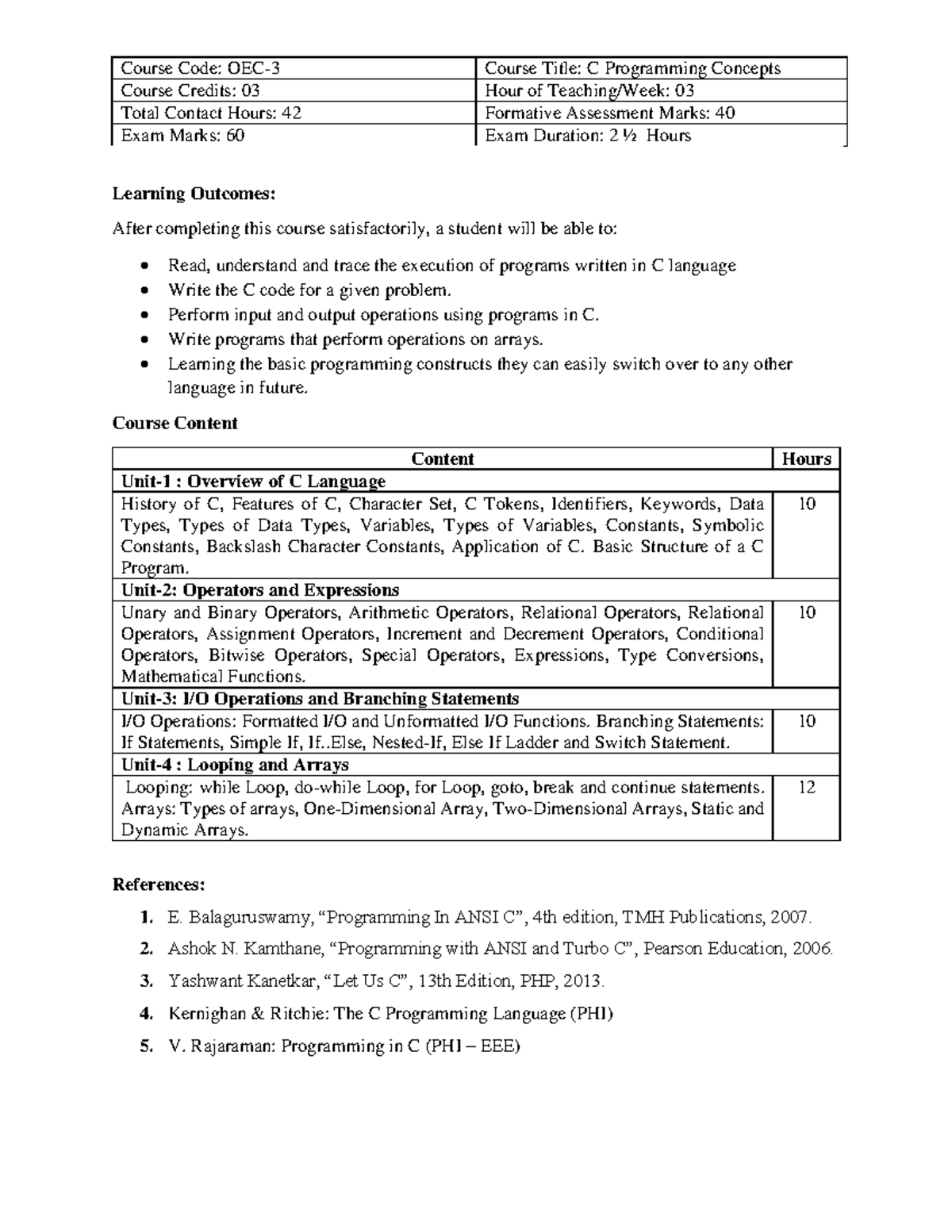 C Programming Concepts - OEC-3 Syllabus for Non-CS Students - Studocu